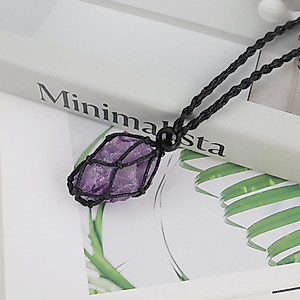 Anjiucc Natural Gemstone Crystal Raw Amethyst Pendant Necklace Stone Holder Necklace Cord Hand-Woven Necklace with Adjustable Length for Women Men
