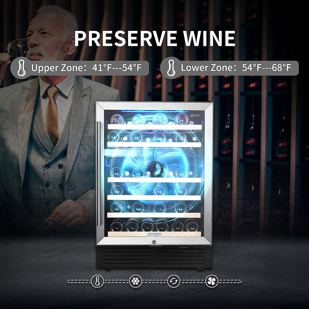 24 inch Freestanding Wine Fridge, 46 Bottle Fast Cooling Low Noise Compact Mini Wine Fridge with Stainless Steel Tempered Glass Door Small Wine Cooler Cabinet Beverage Refrigerator, for Kitchen