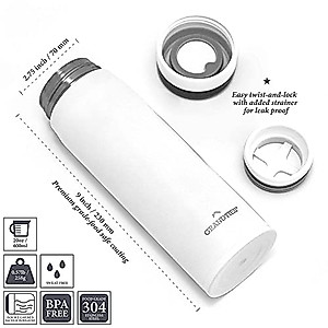 GrandTies Lightweight Travel Water Bottle with Strainer- 20oz Vacuum Insulated Water Bottles for Men & Women, Double Walled Metal Canteen, Keep Your Favorite Beverages Hot or Cold (White)