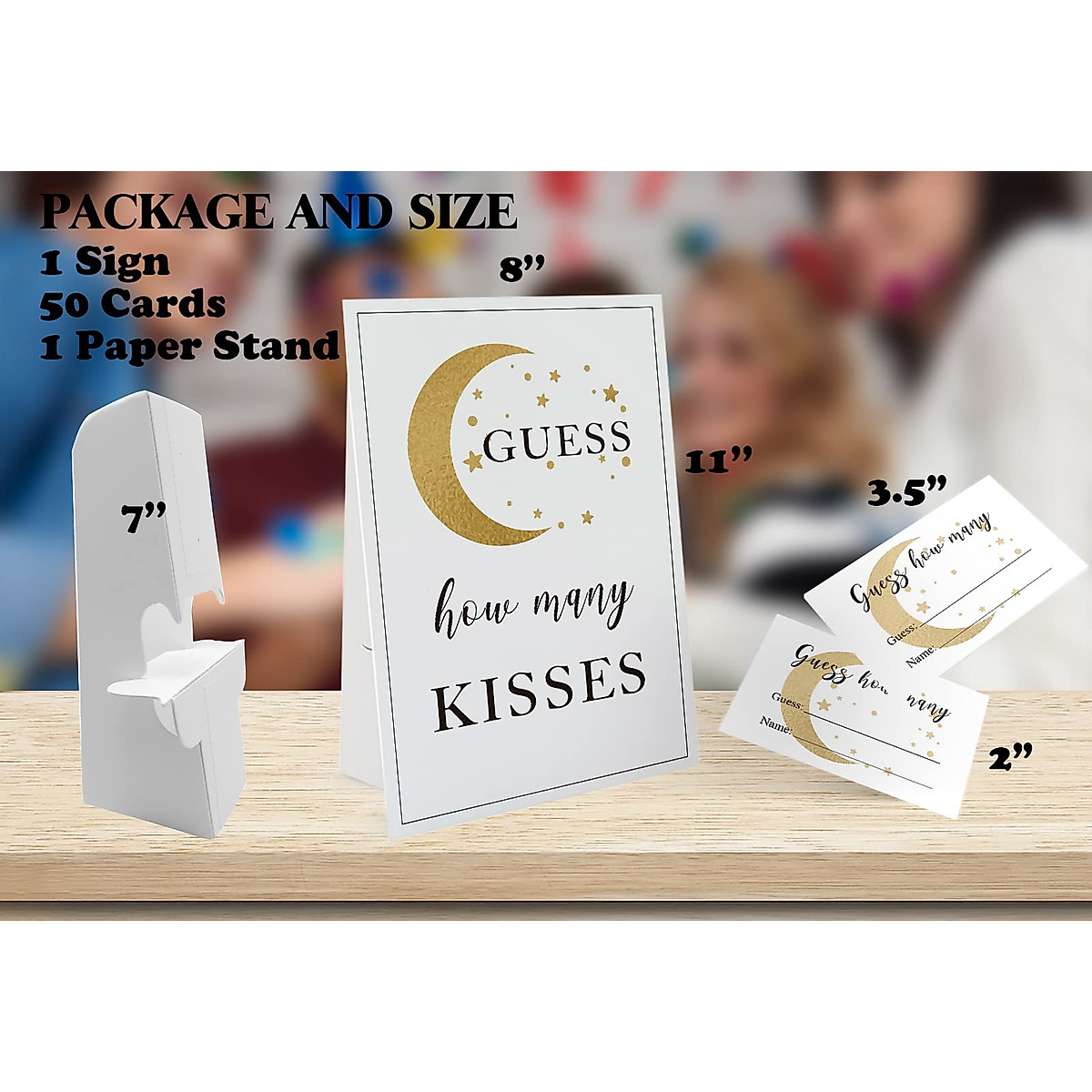 Guess How Many Kisses Are in the Jar Game-1 Standing Sign and 50 Guessing Cards, Golden Moon Bridal Shower Games, Baby Shower Sign, for Boys Girls Baby Shower Favors and Weddings Party Decoration-18