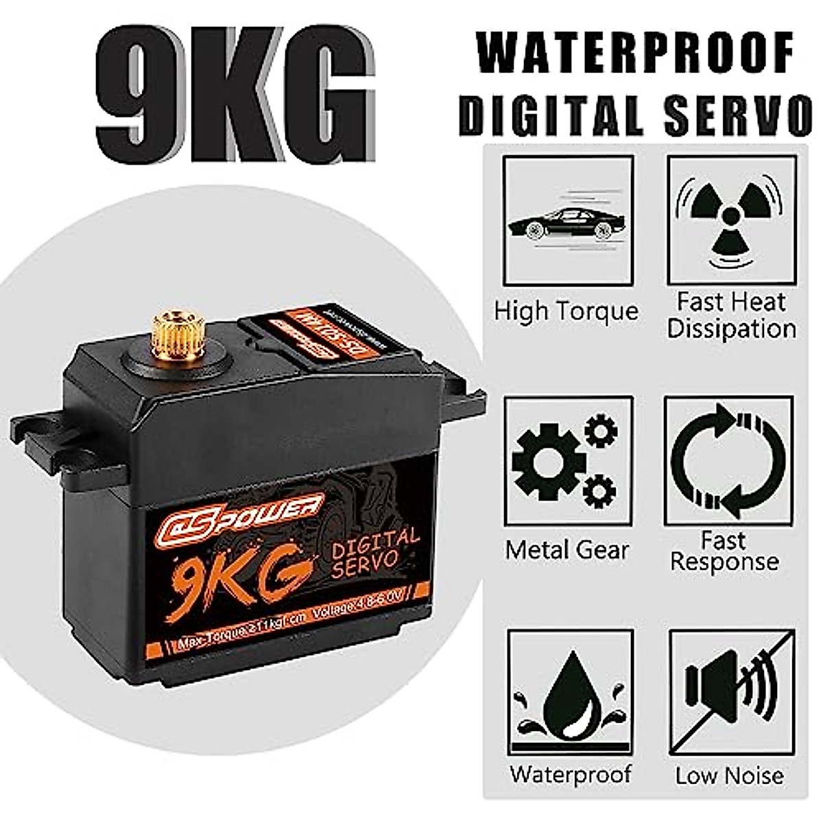 DSPOWER 9KG Waterproof Plastic Digital Servo Metal Gear High Torque Motor Servos with 25T Servo Horn for 1/8 1/10 1/12 RC Drift Car On Road Off Road Buggy Baja Boat Drones Aircraft Helicopter Robot.