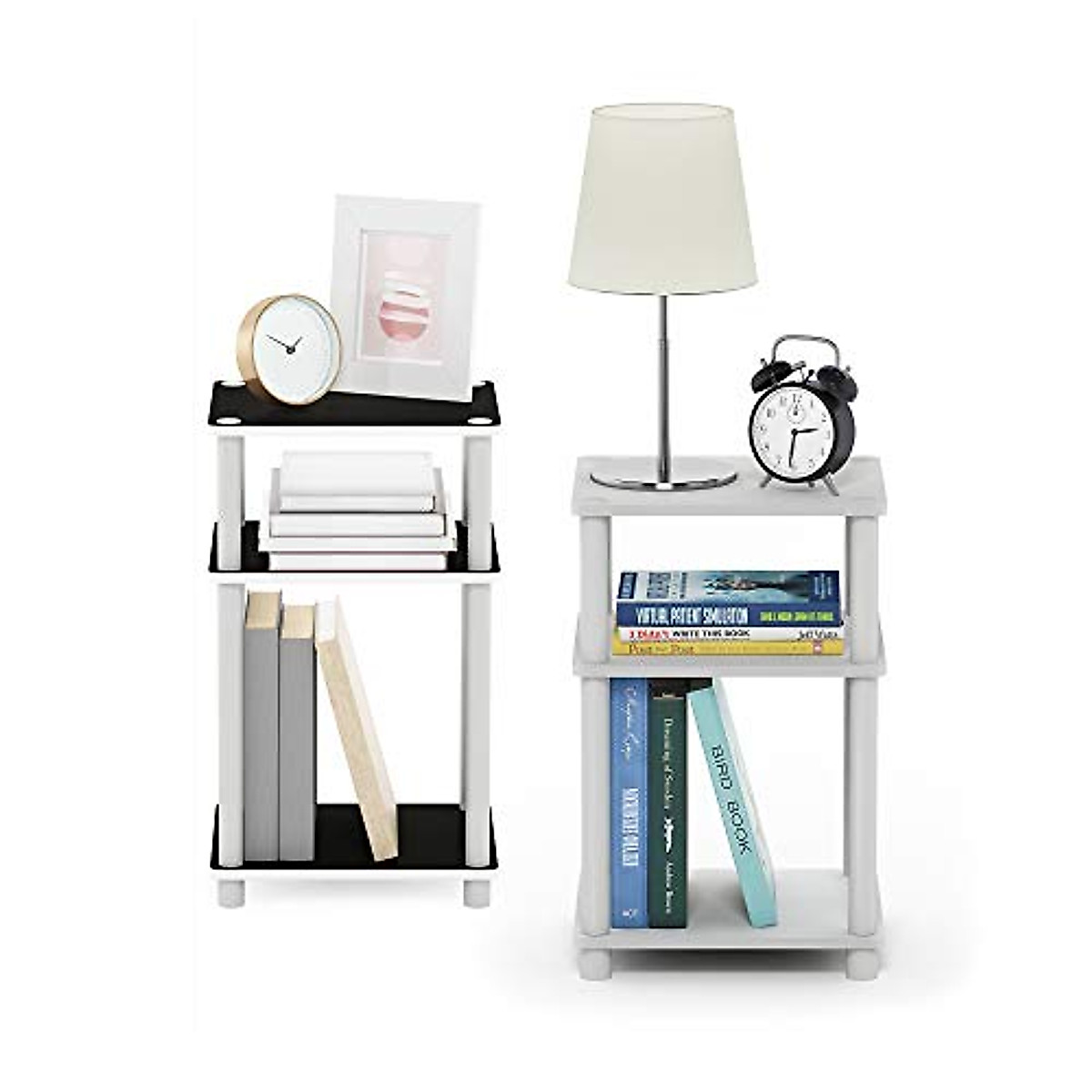 Furinno Just 3-Tier Turn-N-Tube End Table / Side Table / Night Stand / Bedside Table with Plastic Poles, 2-Pack, White/White