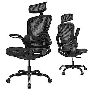 GABRYLLY Ergonomic Office Desk Chair, High Back Mesh Chair with Adjustable Flip-up Arms & Headrest, Swivel Computer Task Chair with Lumbar Support, Tilt Function for Home,Office & Student(Black)