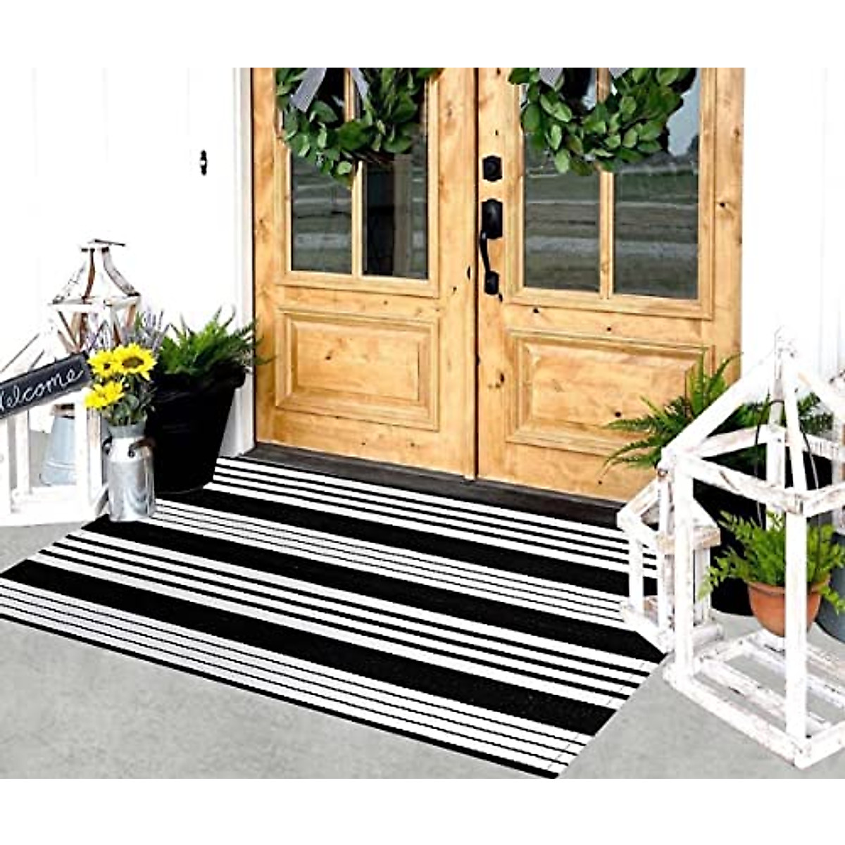 Front Porch Rug 24'' x 51'' Black and White Outdoor Rug Washable Front Door Mat Striped Entryway Rugs Cotton Hand-Woven Reversible Welcome Layered Doormat Carpet for Kitchen/Bathroom/Living Room