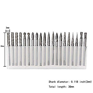 YUFUTOL 20pcs Solid Carbide Burr Set 0.118‘’（3mm）Shank Tungsten Carbide Rotary Files Burrs with 3mm Cutting Head Diameter Fits Most Rotary Drill Die Grinder for Woodworking,Engraving,Drilling,Carving