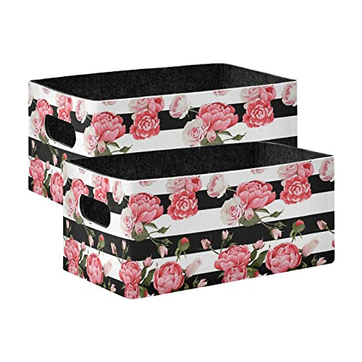 Oyihfvs Floral Peony and Roses Flowers On Black White Stripes 2 PCs Collapsible Storage Bins Baskets, Foldable Felt Fabric Organizer Cube Boxes Storage Bags for Shelves Closet Home Decor
