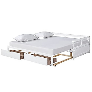 YSWH Pinewood Extending Daybed with Storage Drawers, Can Be Expanded from Twin Size to King Size, Sofa Bed Frame with Safety Guardrails, for Kids Teens (White)