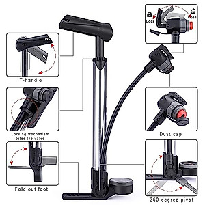 Mini Bike Pump with Gauge - Portable Bicycle Tire Pump - 120 PSI Bike Air Pump fits Presta & Schrader & Dunlop Valve - Road MTB Bike Pump Comes with Mounting Bracket (Black Grey) (Silver)