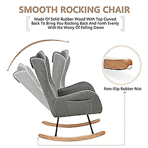 BOSTANA Rocking Chair Nursery,Wood Teddy Upholstered Rocker Chair with Adjustable High Backrest,Soft Armrests and Movable Headrest, Accent Glider Armchair for Living Room, Bedroom,Lounge (Gray)