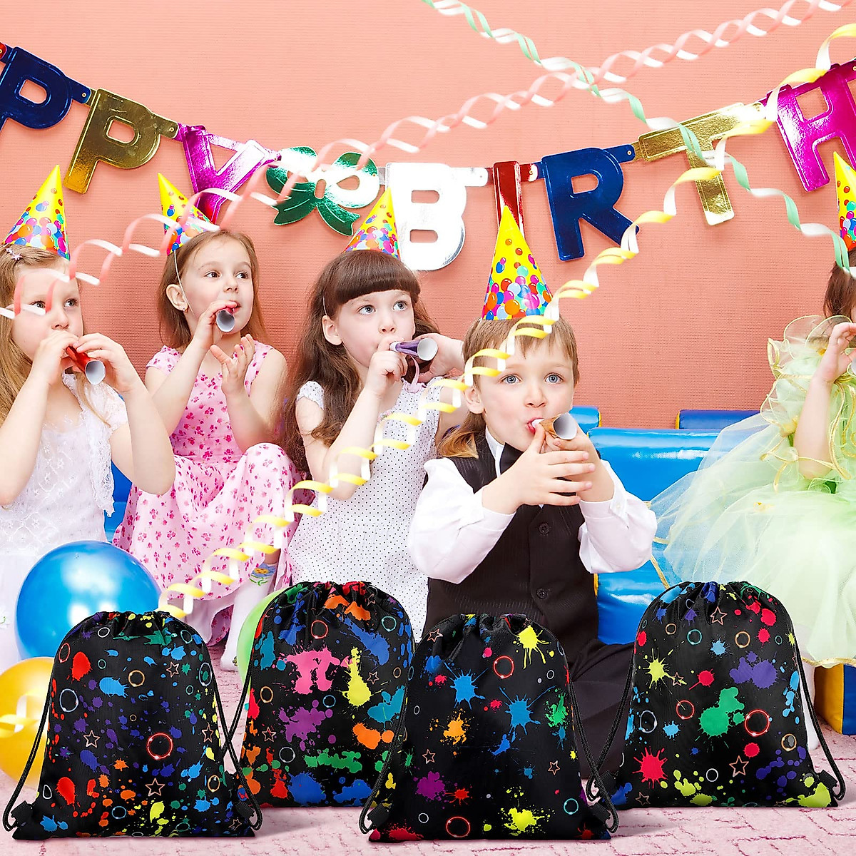 24 Pieces Glow Party Drawstring Bags Kids Neon Birthday Party Gift Bag Backpack Candy Goodie Favor Bags for Glow in Dark Party Decoration Supplies