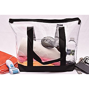 Handy Laundry Clear Tote Bag - Zipper Closure, Long Shoulder Strap, Fabric Trimming. (Black)