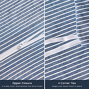 Wake In Cloud - Striped Cotton Duvet Cover Set, 100% Washed Cotton Textured Percale Bedding Set, Ticking Stripe Pinstripe Farmhouse, 3 Pieces, Denim Blue, Queen Size