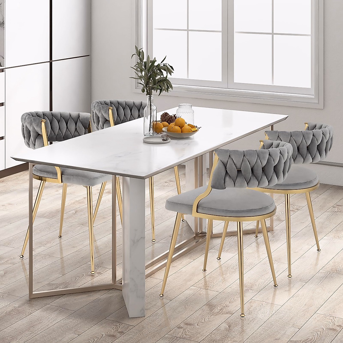 GOFLAME Velvet Dining Chairs Set of 4, Accent Upholstered Leisure Chairs with Gold Metal Legs, Sponge Filling Seats, Mid-Century Dining Side Chairs for Living Room, Dining Room, Bedroom, Gray