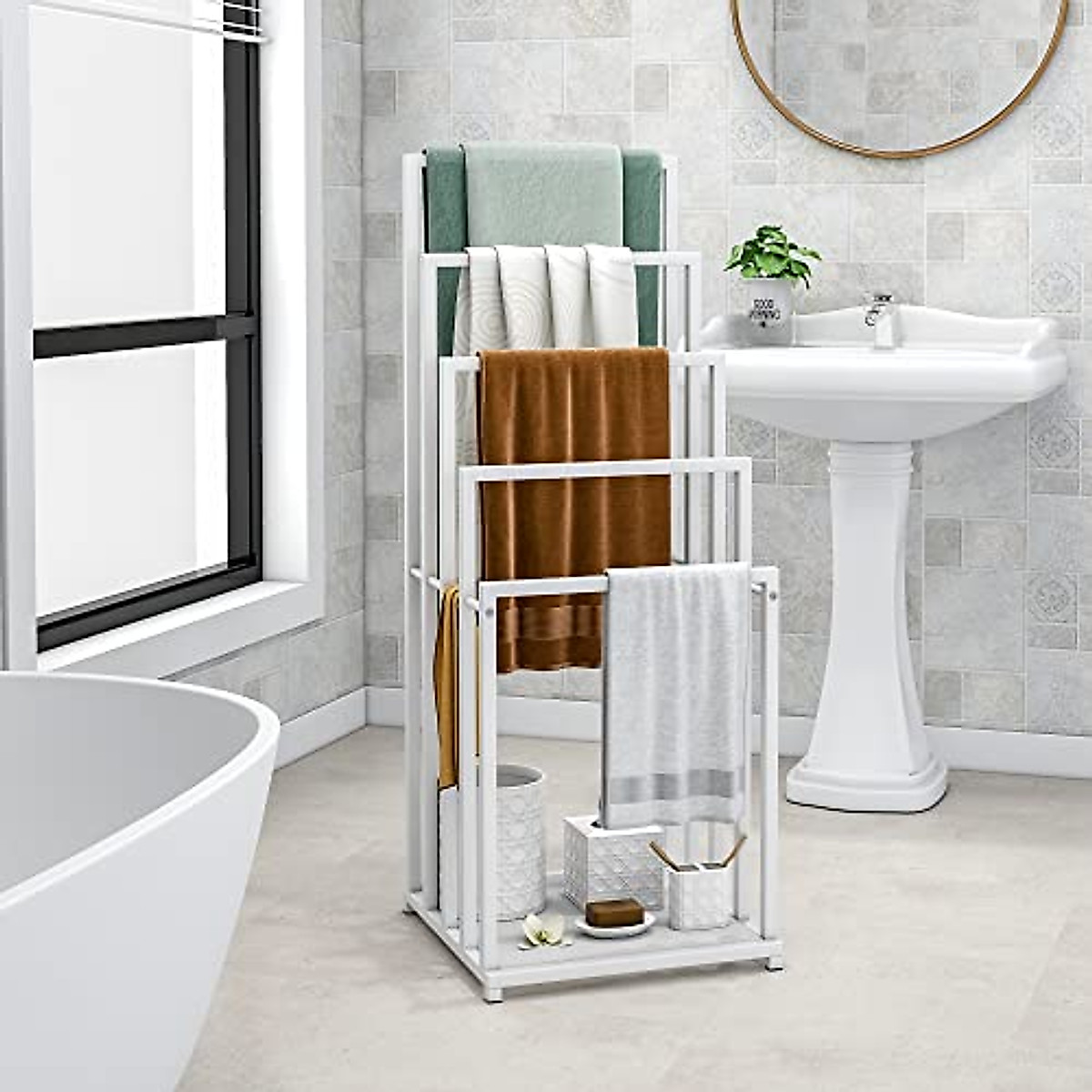 BOFENG 5 Tiers White Metal Towel Rack Freestanding Towel Holder Drying Shelf Stand Towel Bar Storage Ladder with Shelf Bathroom Accessories Organizer Bath Storage,Hand Towels,Washcloths,Kitchen Cloth
