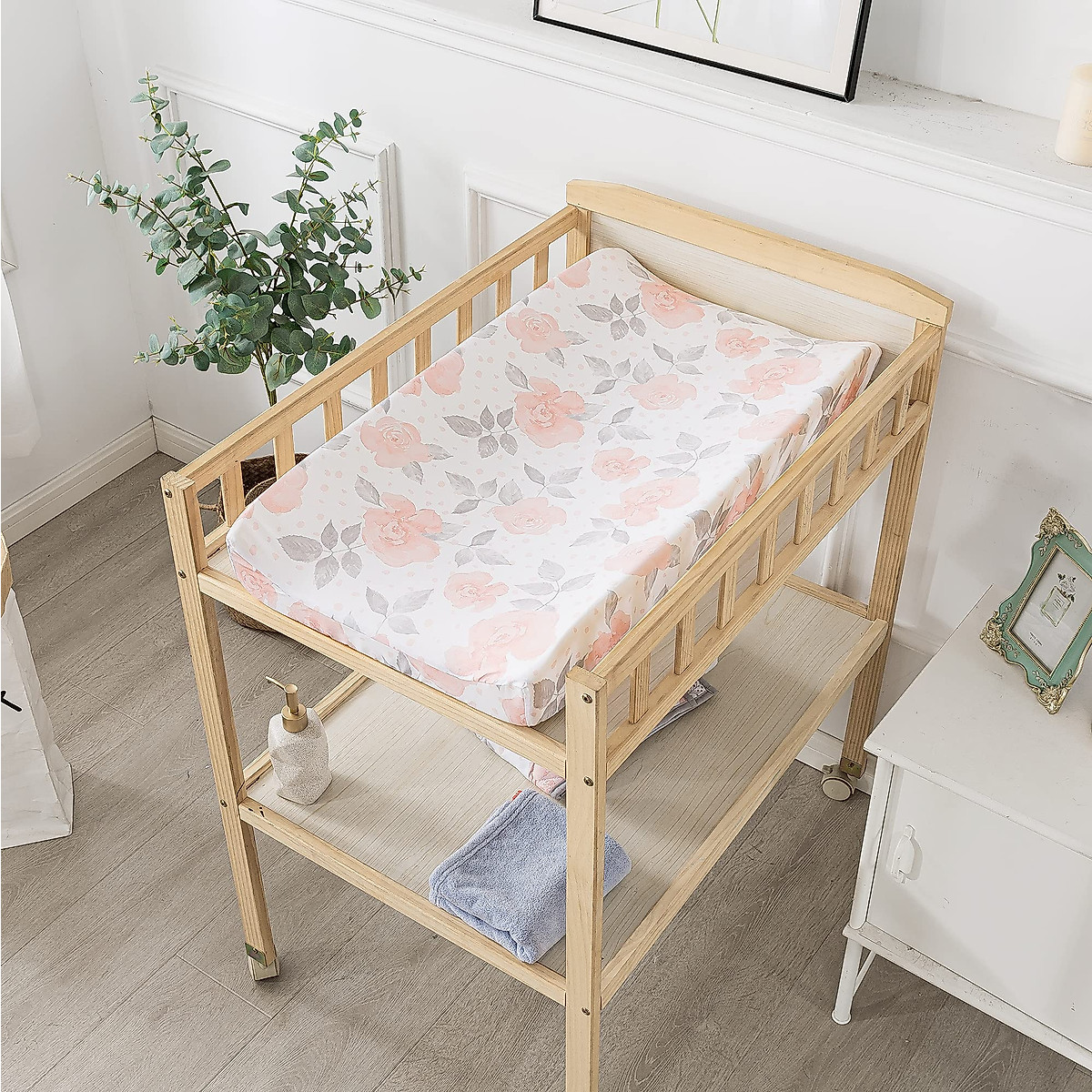 Soul & Lane 3-Piece Crib Bedding Set for Girls: Pink and Gray Quilt Blanket, Floral Fitted Crib Sheet, Changing Pad Cover, Floral Blush Pink and Grey Baby Girl Crib Bedding Set