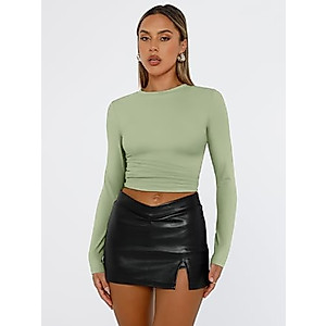 Trendy Queen Womens Long Sleeve Shirts Basic Tees Crop Tops Going Out Spring 2025 Workout Outfits Y2k Clothes Light Green M