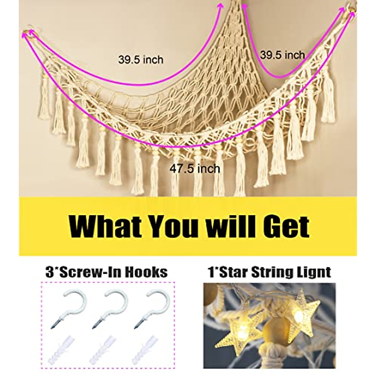 TCGPRO Stuffed Animal Toy Storage Hammock with LED Light-Macrame Jumbo Doll Room Corner Organizer Mesh Decoration-Hanging Storage Nets Kids Bedroom(Beads), Beige