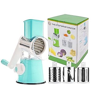 3rd Generation Rotary Cheese Grater, Mandoline Vegetable Slicer with 3 Replacement Blades, Easy to Clean Rotary Shredder for Fruit, Vegetables