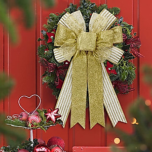 Large Christmas Wreath Bows, Christmas Blue Glitter Ribbon Bows for Wreaths - Large Tree Topper Bows for Christmas Home Garden Indoor Outdoor Decoration Wreath Ornament Supplies, 13.7 x 29.5 Inch