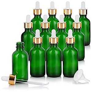 JUVITUS 2 oz / 60 ml Green Glass Boston Round Bottle Luxury Gold Metal Dropper (12 Pack) + Funnel