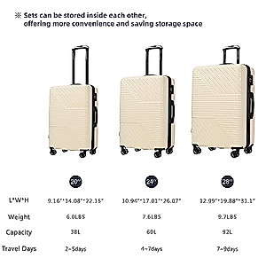Merax Luggage Sets 3 Piece Suitcases Set ABS Expandable 8 Wheels Spinner Suitcase, TSA Lock Travel Luggage For Man And Women (Cream)