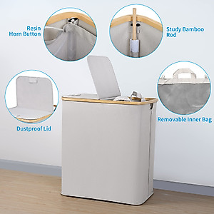 efluky Double Laundry Hamper with Lid, Divided Laundry Hamper with Removable Bags, 2 Section Dirty Clothes Basket with Handles for Bathroom, Bedroom & Laundry Room, 140L Light Grey
