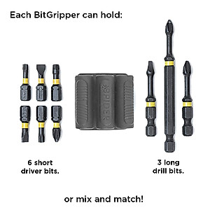 Spider Tool Holster - BitGripper v2 - Pack of Two - High Strength 3M Adhesive Drill add-on for Easy Access to six Driver bits on The Side of Your Power Drill or Driver!