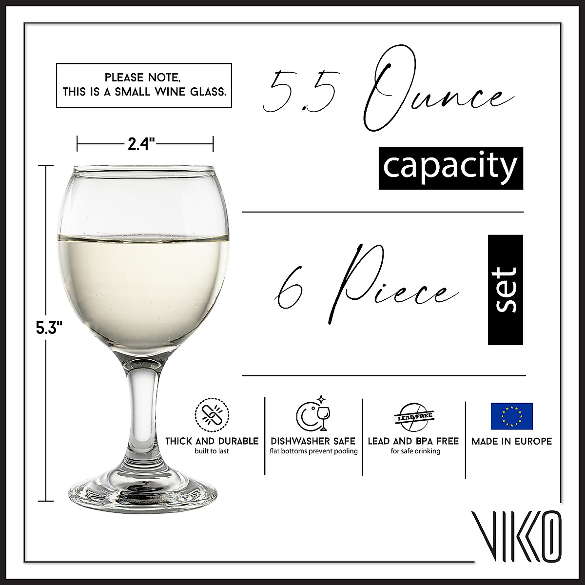 Vikko 5.5-Oz SMALL Wine Glasses, Beautiful Round Dessert Wine Glasses, Set of Wine Glasses, Durable Stemmed Wine Glasses, Dishwasher Safe Thick Wine Glasses, White Wine Glasses Set of 6