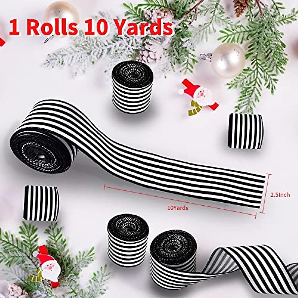 MuRealy Ribbon for Crafts Wired - Black and White Striped Polyester Wired Ribbon, 10 Yards 2.5 Inch Wired Ribbon, Christmas Ribbon Wired, Craft Ribbon for DIY Packaging, Wreath and Bow Decorative