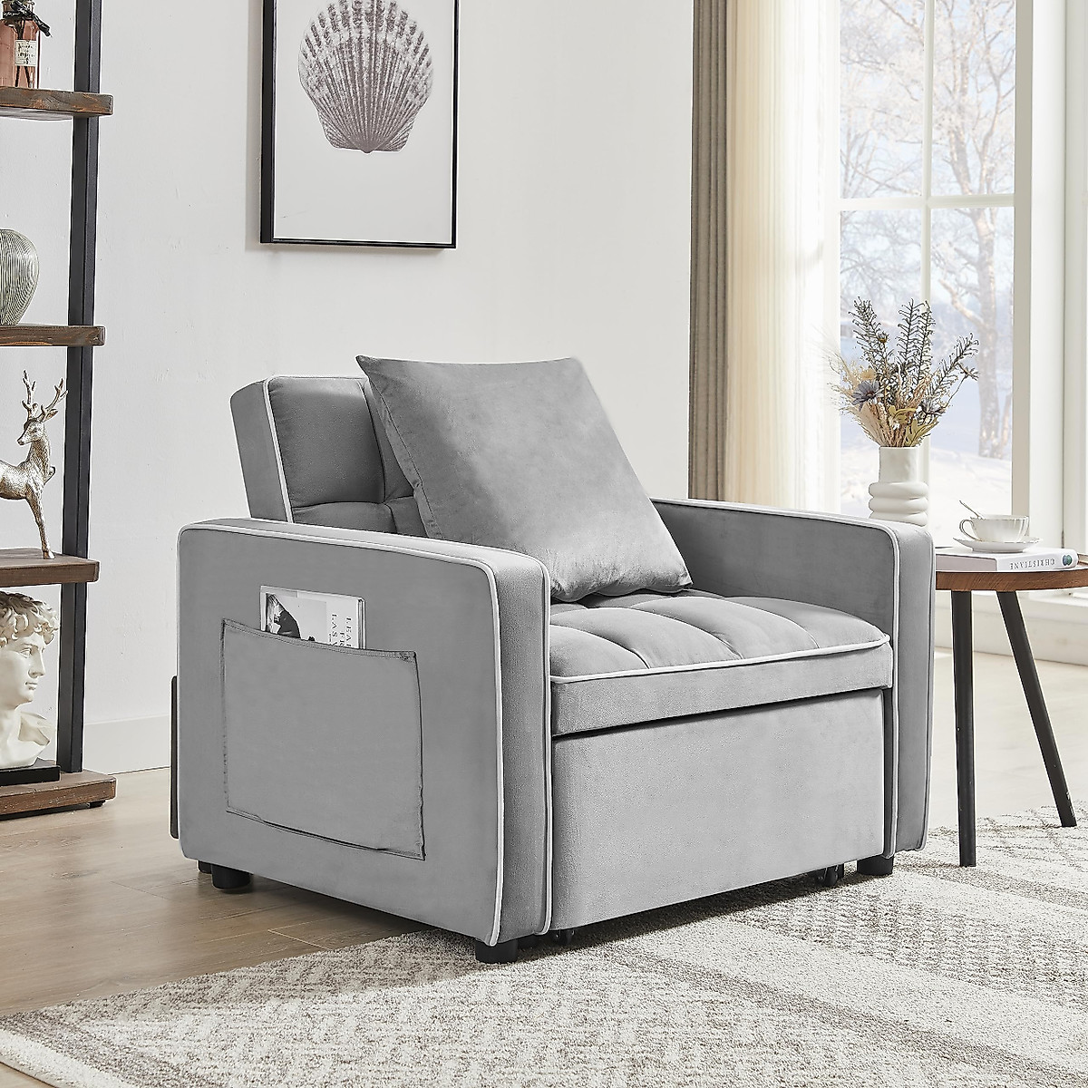 Verfur Futon Sofa Pull Out Couch, Grey w/Side Pockets and 1 Pillow