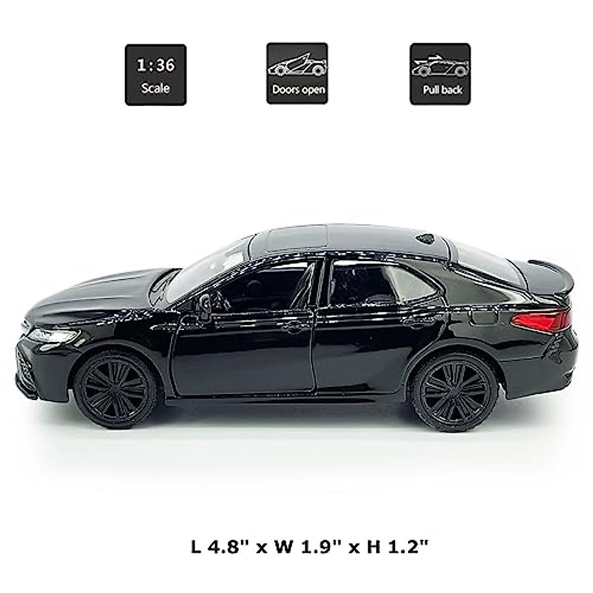 Camry XSE 2022 Model Car 1/36 Scale Diecast Toy Cars Metal Alloy Children’s Die-cast Vehicles, Pull Back Doors Open, Black Rim, Collection for Men, Kids Toys for Boys Gifts, Black