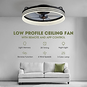 LUDOMIDE Ceiling Fans with Lights, Flush Mount Ceiling Fan with Lights and Remote, 6 Wind Speeds Smart Low Profile Ceiling Fan for Bedroom, Kids Room and Living Room 20" (Black)