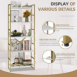 Vongrasig 5 Tier Bookshelf, Modern Tall Bookcase, Industrial Book Shelves Display Standing Shelf, Free Standing Storage Organizer for Bedroom, Living Room, White+Gold