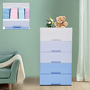 Plastic Drawers Dresser,5 Tier Storage Tower with 5 Drawer and Wheels,Storage Organizer Rack, Movable Storage Tall Small Cabinet Closet for Bed, Closet, Sofa, And Cabinet (Gradient Blue)