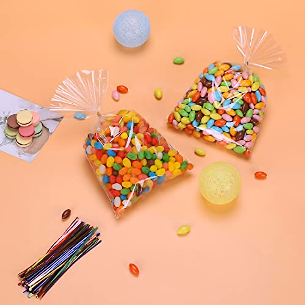 Bosose 100 Pcs 6 in x 10 in Clear Flat Cello Cellophane Treat Bags with 4.8" Twist Ties Mix Colors - Good for Bakery, Cookies, Candies,Dessert