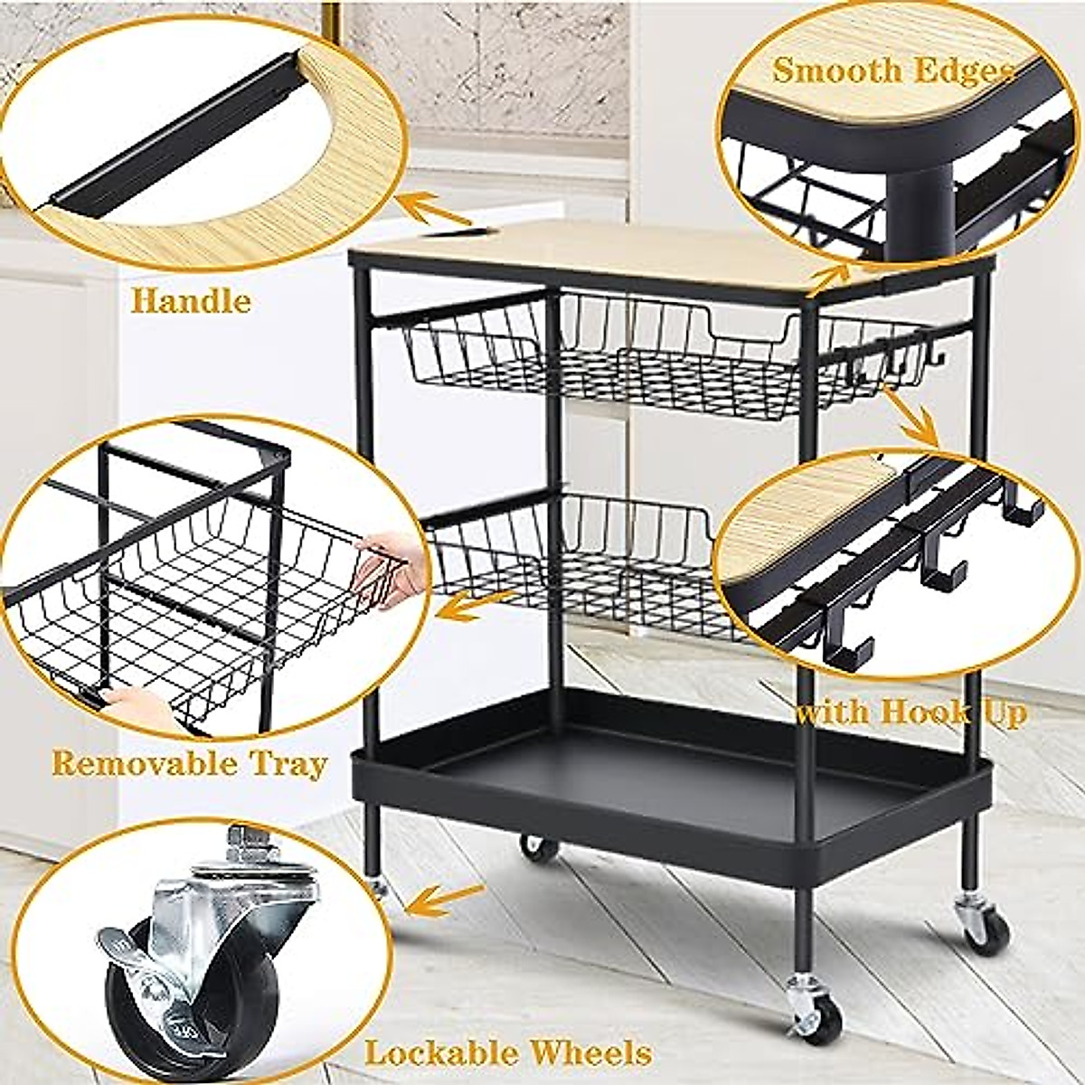 VLOBAOM Rolling Home Bar Serving Cart with Removable Wooden Tabletop & Storage Baskets, Industrial Kitchen Island Storage Shelf,24''Dx16''Wx30''H,Black