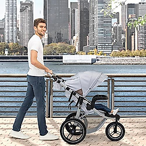 babyGap by Delta Children Trek Jogging Stroller - Greenguard Gold Certified - Car Seat Compatible - Lightweight, Extendable Canopy & Reclining Seat - Made with Sustainable Materials, Grey Stripes