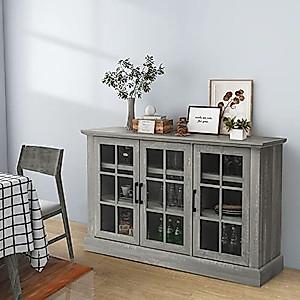Giantex Buffet Cabinet with Storage, Farmhouse Large Sideboard, 3 Glass Door Adjustable Shelves, Anti-toppling Design, Wooden Credenza Cupboard for Living Room, Kitchen (Grey)
