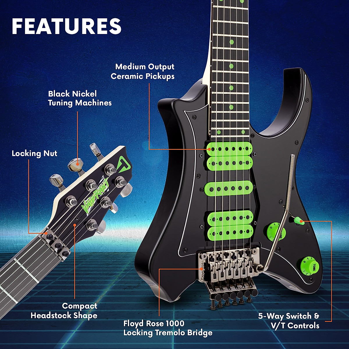 Traveler Guitar Vaibrant V88X Deluxe Electric Guitar for Travel | Small Guitar with Compact Headstock Shape | Full 25.5” Scale Travel Guitar | Portable Mini Guitar with Custom Gig Bag, Cosmic Black