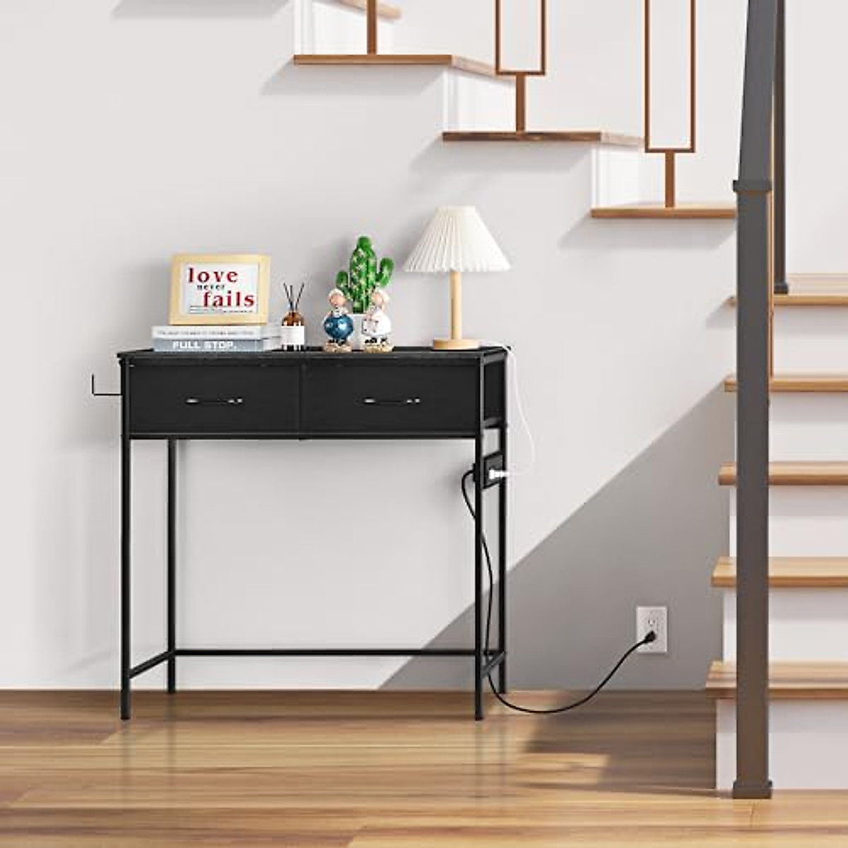 Narrow Console Table with Drawers Black Entryway Table with Storage Shelves Behind Sofa Table with Outlet for Living Room Bedroom Couch Hallway, Black