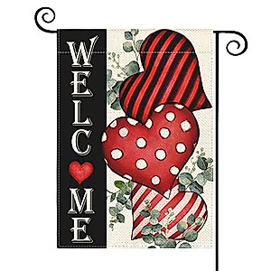 AVOIN colorlife Valentine's Day Welcome Garden Flag 12x18 Inch Outside Double Sided, Anniversary Love Heart Rustic Yard Outdoor Decoration