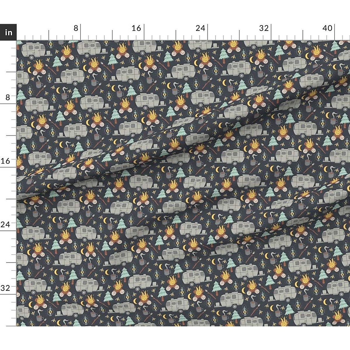 Spoonflower Fabric - Retro Camping Camper Campfire Fireflies Coffee Outdoors Printed on Petal Signature Cotton Fabric by The Yard - Sewing Quilting Apparel Crafts Decor