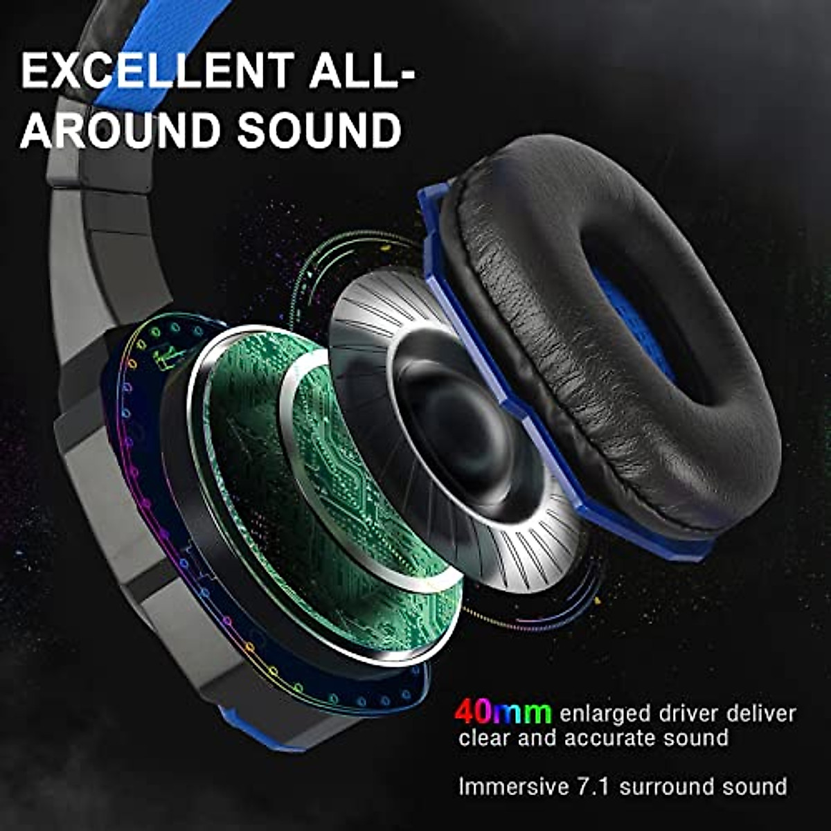 Atrasee Stereo Gaming Headset with Mic for PS4 PC PS5 Xbox One Nintendo Switch, Noise Cancelling Headphones Over Ear with Surround Bass, Soft Earmuffs, LED Light, 3.5mm Aux for Mac Laptop, Blue