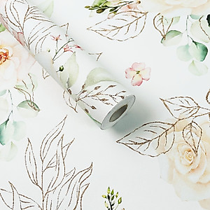 BaoHArtHome Floral Wallpaper Paper Peel and Stick Contact Paper Removable Pink Gold Leaf Easy Peel Off Vinyl Wallpaper Self Adhesive for Bedroom Living Cabinet Room Deco 17.7 in x6.6ft