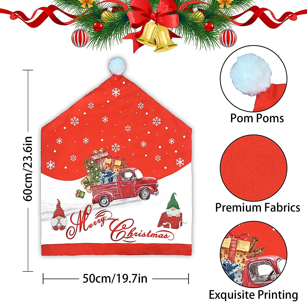 Christmas Chair Covers Set of 4, Christmas Chair Back Covers, Santa Hat Chair Covers, Christmas Decorations Indoor Chair Covers for Dining Room, Christmas Kitchen Decor Dining Room Chair Covers