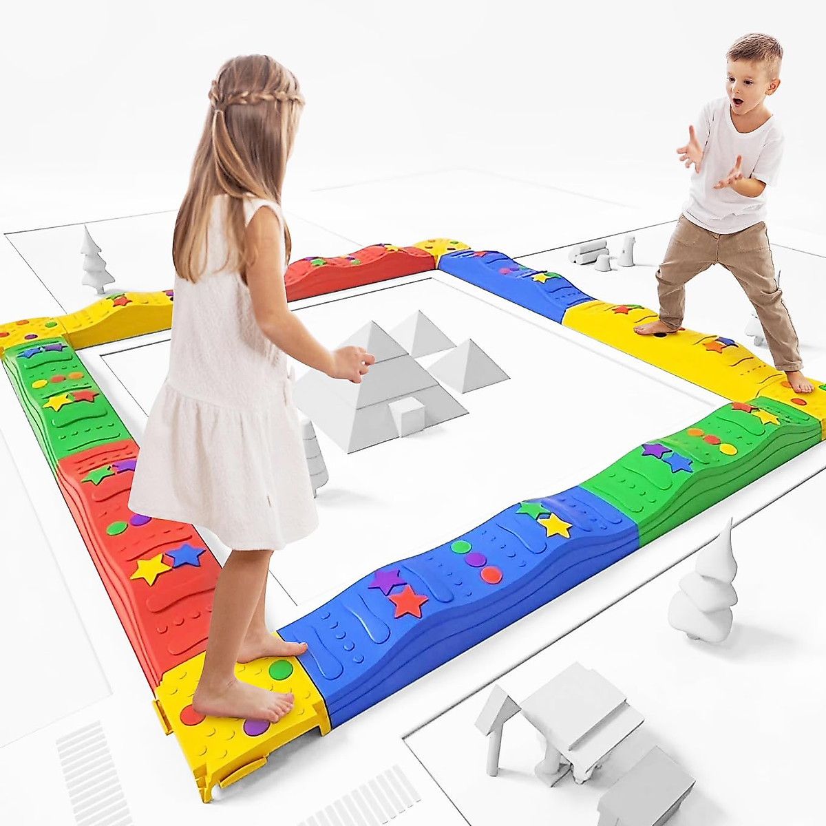 MOCUTEEN Kids Balance Beam Toddler Stepping Stones Max Load 220LBS 12 PCS Non-Slip Textured Surface & Rubber Pads Bottom Promote Agility Coordination Five Star Pattern