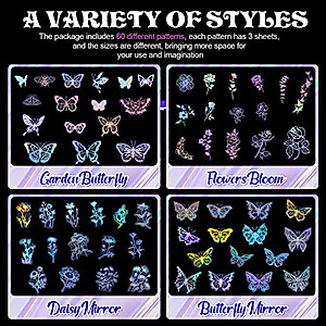 180 Pcs Holographic Glitter Butterfly Sticker Set Waterproof Plant Decorative Flower Decals Glitter Adhesive Sticker for Scrapbooking Journal Planner Water Bottle Laptop Phone (Flowers and Butterflies)