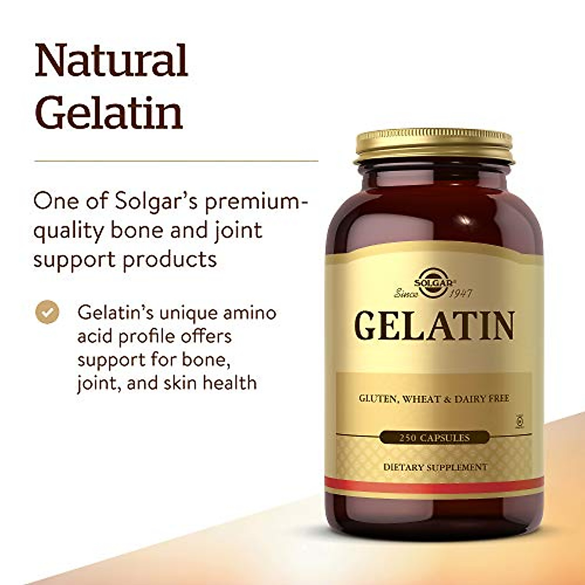 Solgar Gelatin 1680 mg, 250 Capsules - Natural Gelatin - Supports Bone, Joint & Skin Health - Gluten Free, Dairy Free - 83 Servings