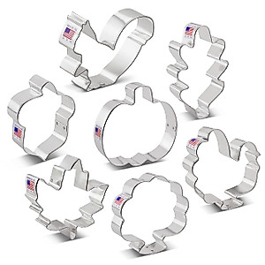 Fall and Thanksgiving Cookie Cutters Set 7-Pc. Made in the USA by Ann Clark, Pumpkin, Maple Leaf, Turkey, Squirrel, Acorn