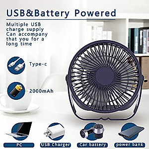 LIEWET Desk Fan,Battery Operated Fan,Portable Table Fan,6-Inch Foldable Travel Fan,2000mAh Desktop Fan,Three Wind Speeds, Extremely Quiet,360°Air Supply Hanging Fan Blue